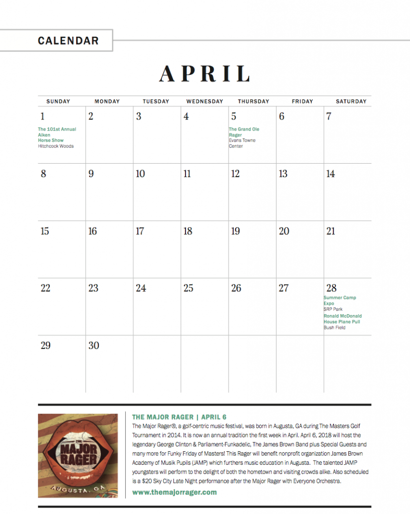 April 2018 Calendar of Events - Augusta Magazine