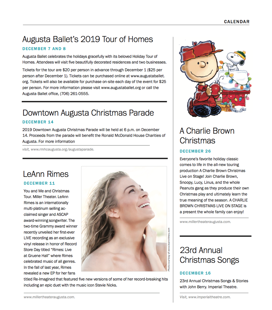 November/December 2019 Calendar of Events - Augusta Magazine